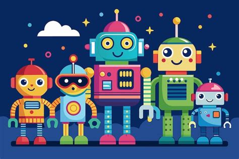 An Illustration Of Five Colorful Robots Standing Together Against A Dark Blue Background With