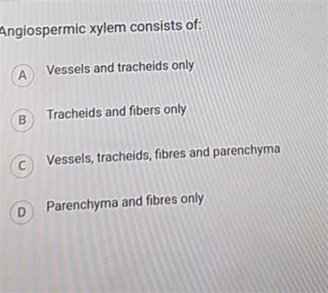 Angiospermic Xylem Consists Ofa Vessels And Tracheids Onlyb Tracheids