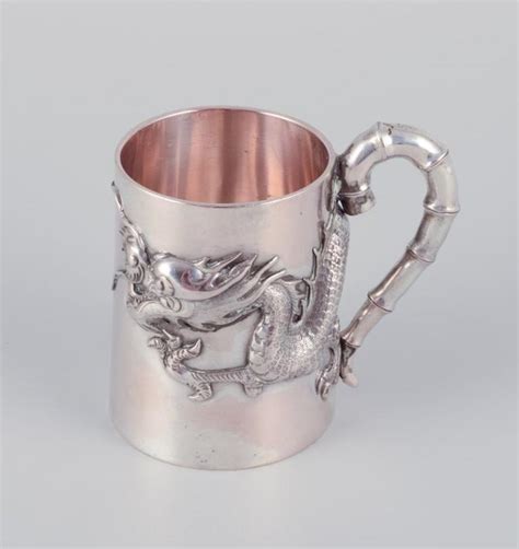 Luen Wo Shanghai Silver Cup With Handle Relief Dragon Motif 1930s