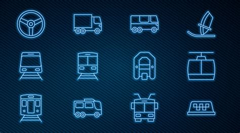 세트 라인 택시 자동차 지붕 케이블 버스 기차 및 철도 스티어링 휠 래프팅 보트 및 배달화물 트럭 아이콘 벡터 형광색의에 대한