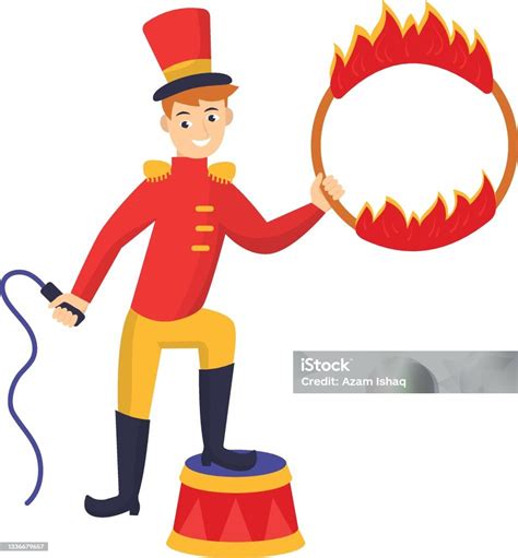 서커스 링 오브 파이어 후프 컨셉 링마스터 벡터 아이콘 디자인 서커스 캐릭터 기호 카니발 연기자 사인 페스티벌 극단 스톡 일러스트 공연자에 대한 스톡 벡터 아트 및 기타