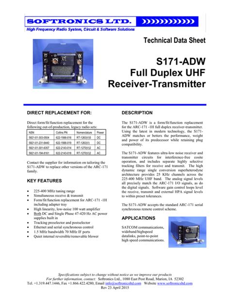 S ADW Full Duplex UHF Receiver Transmitter Data Sheet