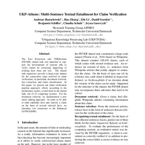 Ukp Athene Multi Sentence Textual Entailment For Claim Verification Acl Anthology