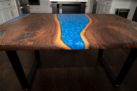 Live Edge Walnut And Epoxy Dining Table Gorgeous Table Black Powder Coated Steel Legs Included