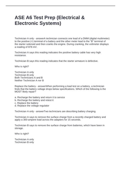 Ase A6 Test Prep Electrical And Electronic Systems Questions And