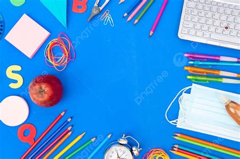 고전적인 파란색 배경에 학용품이 있는 학교 개념 프레임으로 돌아가기 학교로 돌아가기 사진 및 무료 다운로드를위한 그림 Pngtree