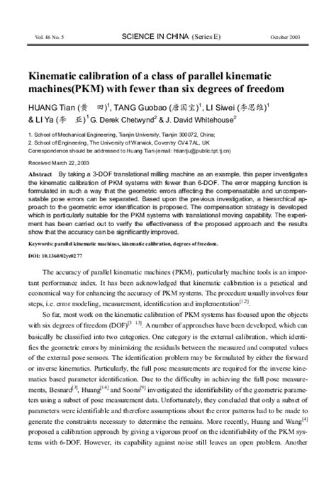 Pdf Kinematic Calibration Of A Class Of Parallel Kinematic Machines Pkm With Fewer Than Six