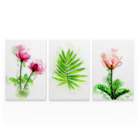 Quadro Flores E Folha Aquarela Efeito Pintura Decorativo Colorido Para