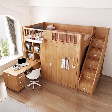 Scandinavian Wood High Loft Bed Natural Bunk Bed With Stairway And