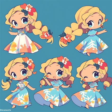 Sticker Del Delfín Hembra Chibi Kawaii Moda Polinesia Concepto Tropi