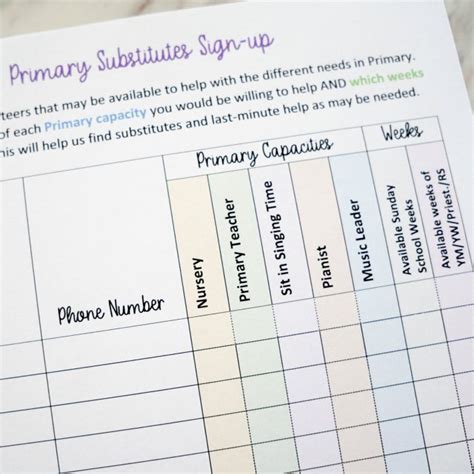 Printable Primary Substitute Sign Up Sheet Primary Singing
