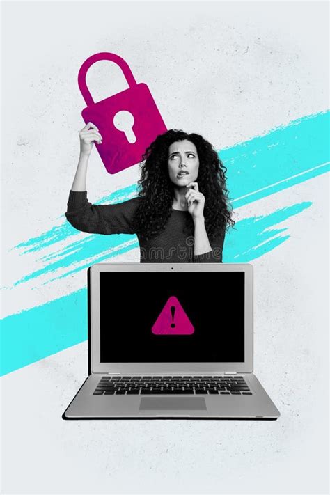 Collage Template Photo Of Young Woman Excited Holding Keyhole When Trying To Enter Her Laptop