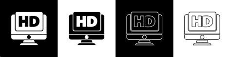 흑백 배경에서 분리된 hd 비디오 기술 아이콘으로 컴퓨터 pc 모니터 디스플레이를 설정합니다 벡터 일러스트레이션 0명에 대한