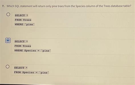 Solved Which Sql Statement Will Return Only Pine Trees From