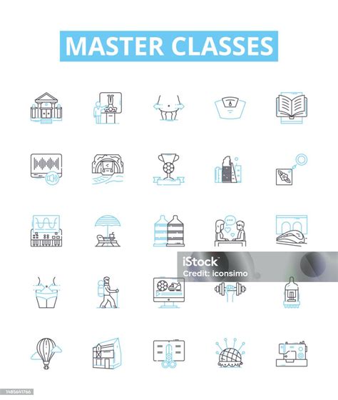마스터 클래스 벡터 라인 아이콘이 설정되었습니다 석사 수업 학습 교육 교육 과정 프로그램 일러스트레이션 개요 개념 기호 및 기호 개발에 대한 스톡 벡터 아트 및 기타 이미지