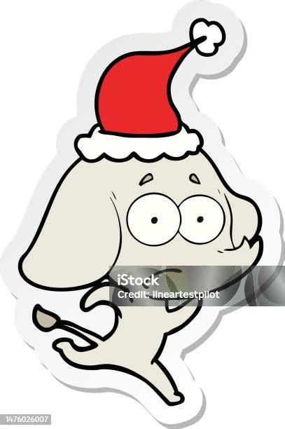 산타 모자를 쓰고 도망가는 확실하지 않은 코끼리의 손으로 그린 스티커 만화 귀여운에 대한 스톡 벡터 아트 및 기타 이미지 귀여운 낙서 드로잉 달리기 Istock