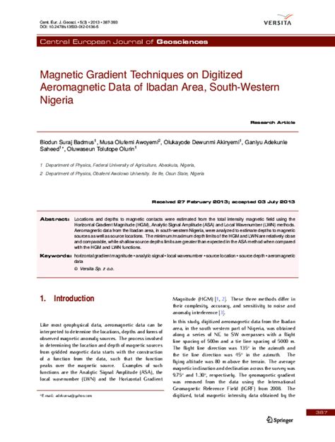 Pdf Magnetic Gradient Techniques On Digitized Aeromagnetic Data Of Ibadan Area South Western