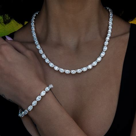 Diamond Oval Clustered Tennis Necklace Bracelet Bundle In White Gold