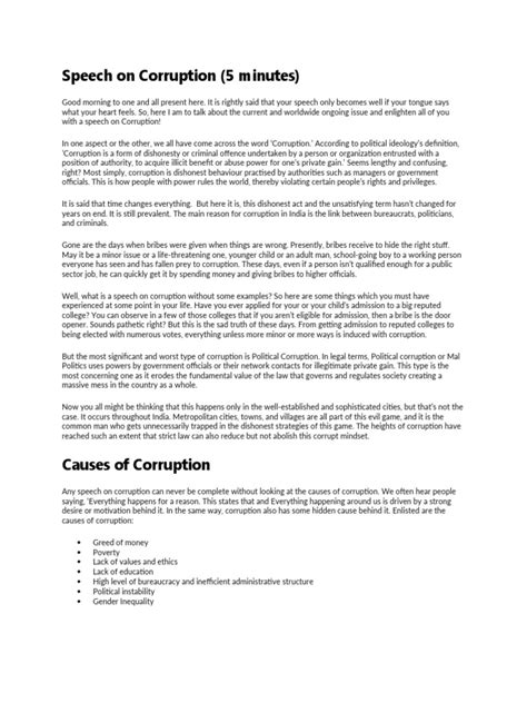 Speech On Corruption Pdf Corruption Bribery