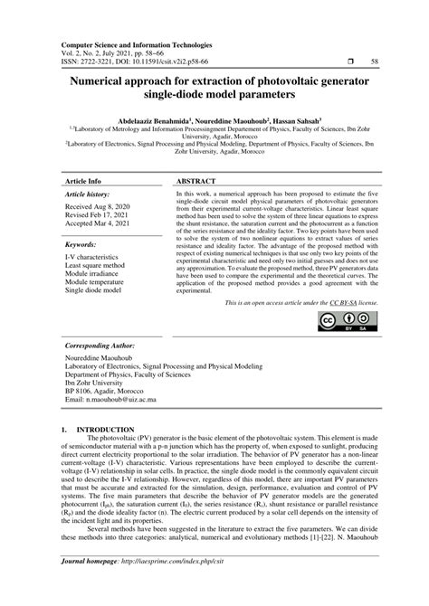 Pdf Numerical Approach For Extraction Of Photovoltaic Generator