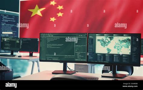 Governmental Cyber Operations Room With Chinese Flag On Big Screen Representing Cyber Espionage