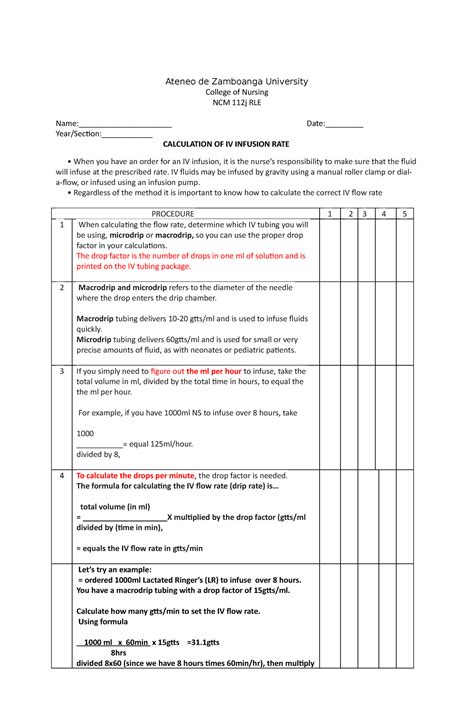 IV Infusion RATE Calculation Ateneo De Zamboanga University College Of Nursing NCM J RLE