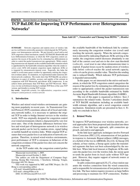 Pdf Tcp Balde For Improving Tcp Performance Over Heterogeneous Networks