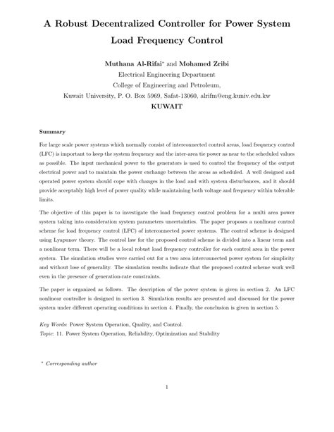 Pdf A Robust Decentralized Controller For Power System Load Frequency Control