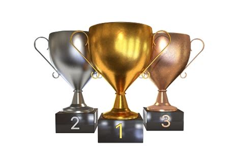 3d 그림 3 개의 트로피 우승 컵 골드 실버와 흰색 배경에 고립 된 경쟁에서 첫 번째 두 번째와 세 번째 장소에 대 한 청동 스포츠 학교 교육 및 경력에서 성공의 상징 1