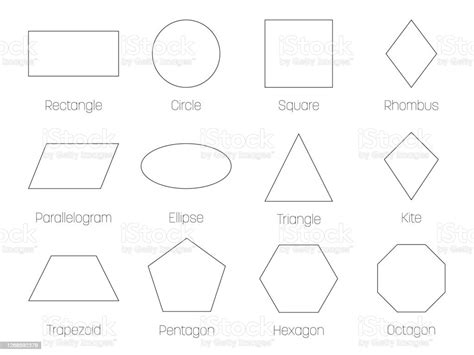 รูปทรงเรขาคณิตที่มีป้ายชื่อ ชุดของรูปร่างพื้นฐาน 12 รูปร่าง ภาพประกอบเวกเตอร์แบนง่าย ภาพประกอบ