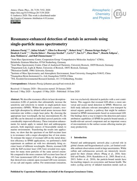 Pdf Resonance Enhanced Detection Of Metals In Aerosols Using Single Particle Mass Spectrometry