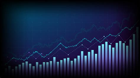 파란색 배경에 주식 시장의 업 트렌드 라인과 막대 차트와 추상 금융 그래프 그래프에 대한 스톡 벡터 아트 및 기타 이미지