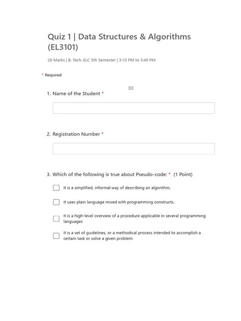 Quiz 1 Data Structures And Algorithms El3101 Pdf Algorithms