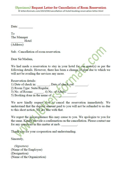 Request Letter Format For Cancellation Of Room Reservation