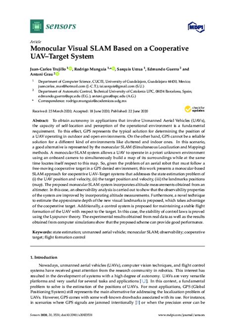 Pdf Monocular Visual Slam Based On A Cooperative Uavtarget System