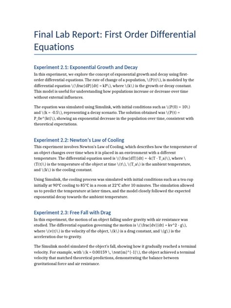 Final Lab Report First Order Differential Equations Pdf
