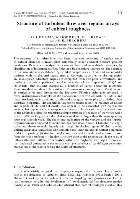 Pdf Structure Of Turbulent Flow Over Regular Arrays Of Cubical Roughness