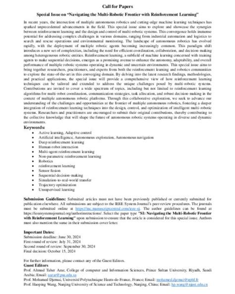 New Special Issue On Reinforcement Learning For Multi Robotic Systems