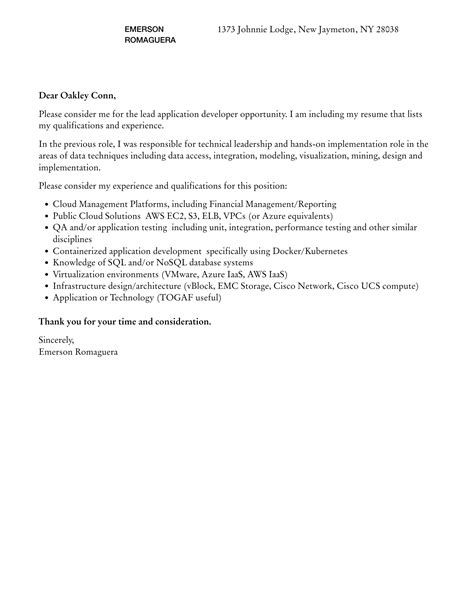 Lead Application Developer Cover Letter Velvet Jobs