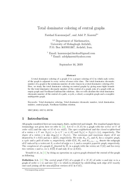 Pdf Total Dominator Coloring Of Central Graphs Adel P Kazemi
