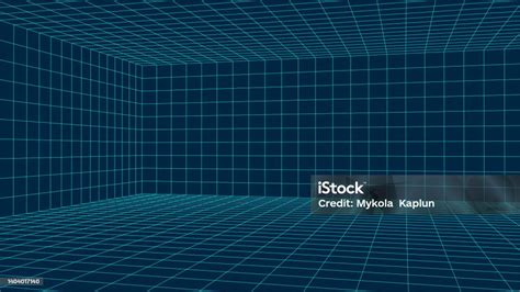 빈 미래 지향적 인 3d 와이어 프레임 룸 벡터 원근감 격자 사이버 공간 배경 가상 현실의 디지털 공간이있는 상자 바둑판에 대한