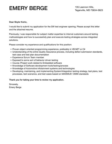 Sw Test Engineer Cover Letter Velvet Jobs