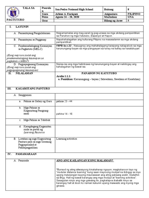 Filipino 8 Melc 1 Exemplar Pdf