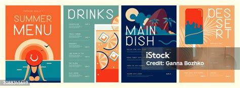 칵테일 열대 섬 아이스크림 및 모자를 쓴 여자가 있는 복고풍 여름 레스토랑 메뉴 디자인 벡터 일러스트 레이 션 데킬라 선라이즈에