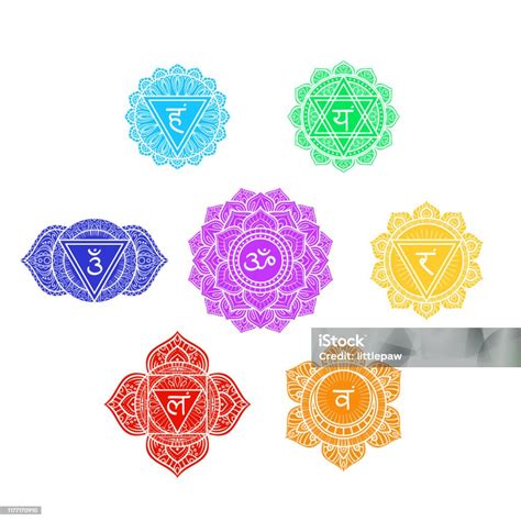 일곱 인간의 차크라 기호 세트 다채로운 아이콘 물라다라 스바디시타나 마니 푸라 아나하타 비슈다 아즈나 사하스라라 벡터 일러스트 0명에 대한 스톡 벡터 아트 및 기타 이미지