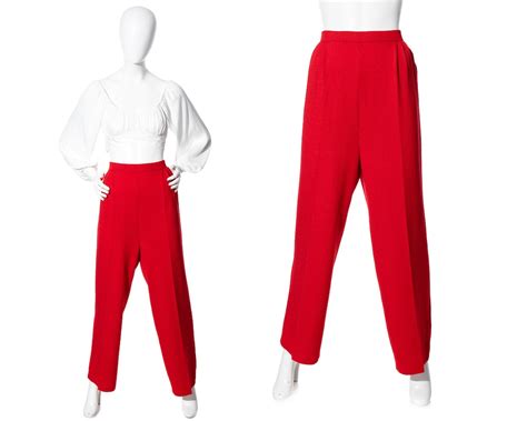 Vintage 1980s Pants 80s St John Red Knit Wool High Waisted Wide Leg