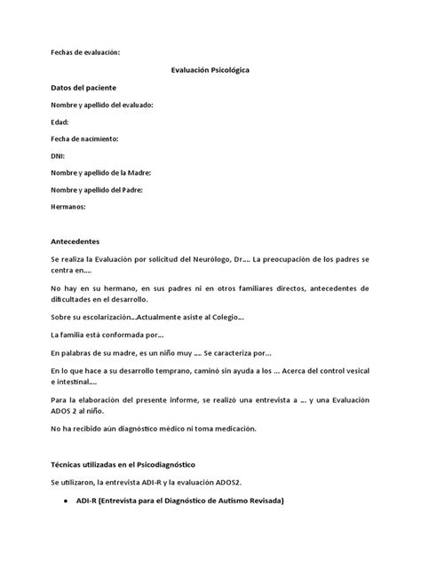 Modelo Informe Adir Y Ados2 Pdf Espectro Autista Ciencia Cognitiva