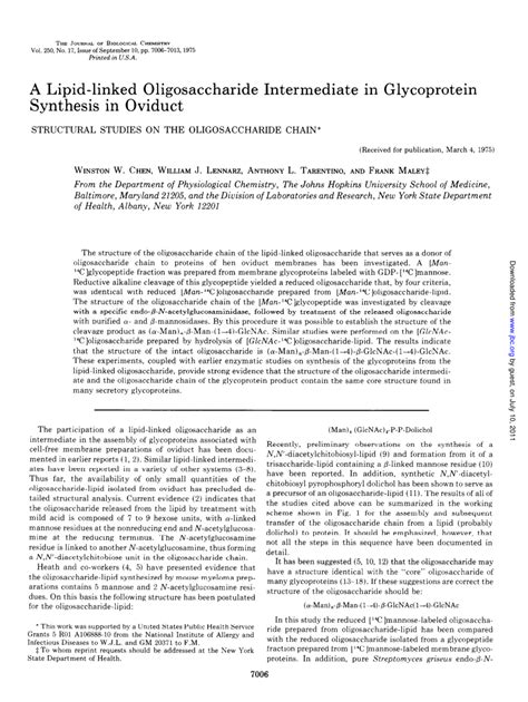 Pdf A Lipid Linked Oligosaccharide Intermediate In Glycoprotein