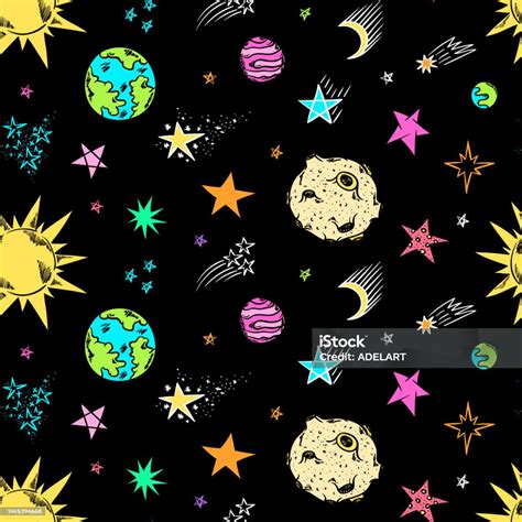 스페이스 낙서 패턴입니다 천문학 배경 우주 스케치 매끄러운 질감 행성 달과 별 태양 우주선 유성 혜성 소행성 우주 은하 0명에 대한 스톡 벡터 아트 및 기타 이미지 Istock