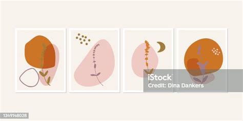 식물성 벽 예술 포스터 컬렉션 파스텔 색상의 추상적 인 모양이있는 현실적인 잎 식물 허브 또는 꽃 세트 예술 자연 예술 미니멀 한 현대 꽃 배경 라벤더 식물에 대한 스톡